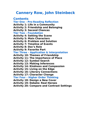 Cannery Row John Steinbeck - 20 Differentiated Activities | Teaching ...