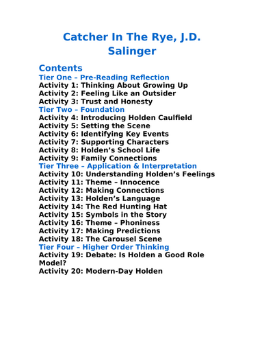 Catcher In The Rye Jd Salinger - 20 Differentiated Activities ...