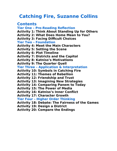 Catching Fire Suzanne Collins - 20 Differentiated Activities | Teaching ...