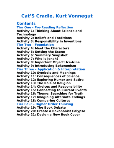 Cats Cradle Kurt Vonnegut - 20 Differentiated Activities | Teaching ...