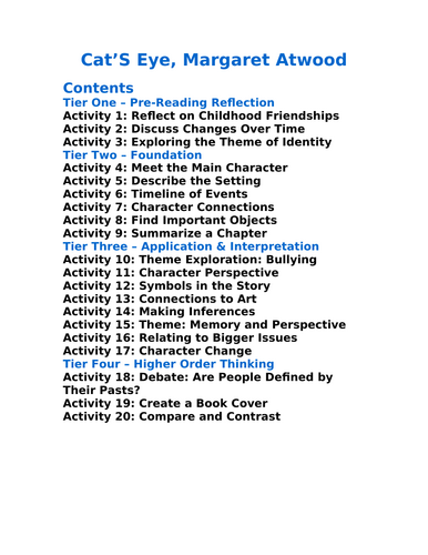 Cats Eye Margaret Atwood - 20 Differentiated Activities | Teaching ...