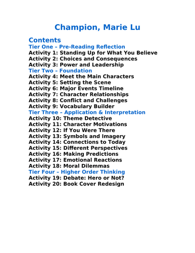 Champion Marie Lu - 20 Differentiated Activities | Teaching Resources