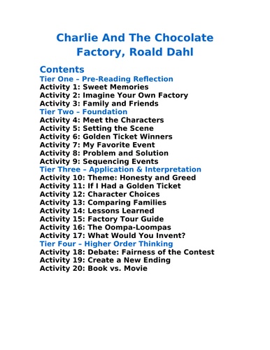 Charlie And The Chocolate Factory Roald Dahl - 20 Differentiated ...