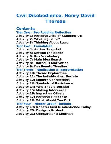 Civil Disobedience Henry David Thoreau - 20 Differentiated Activities ...