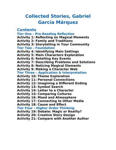 Collected Stories Gabriel García Márquez - 20 Differentiated Activities ...