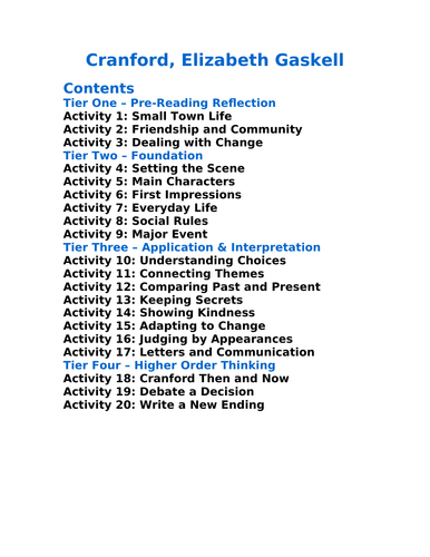 Cranford Elizabeth Gaskell - 20 Differentiated Activities | Teaching ...