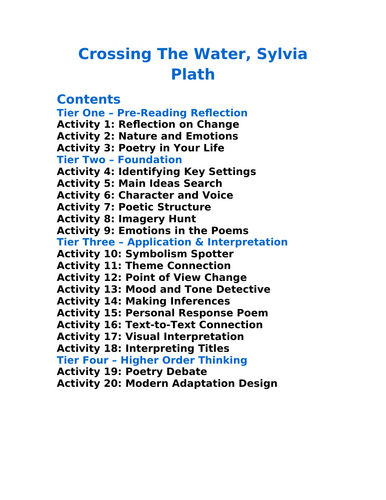 Crossing The Water Sylvia Plath - 20 Differentiated Activities ...