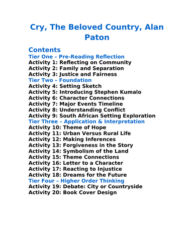 Cry The Beloved Country Alan Paton - 20 Differentiated Activities ...