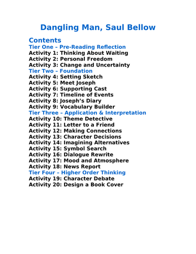 Dangling Man Saul Bellow - 20 Differentiated Activities | Teaching ...