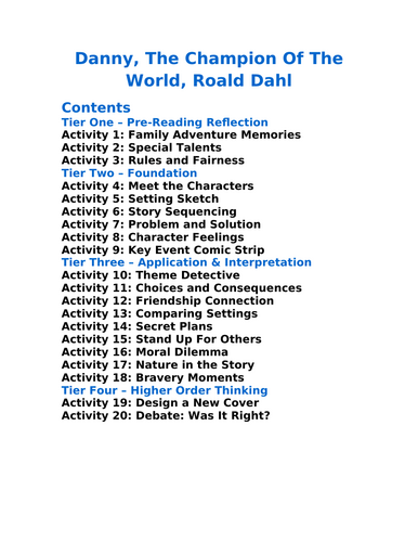 Danny The Champion Of The World Roald Dahl - 20 Differentiated ...