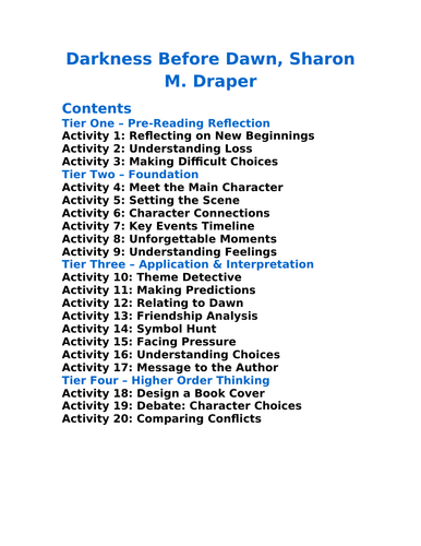 Darkness Before Dawn Sharon M Draper - 20 Differentiated Activities ...