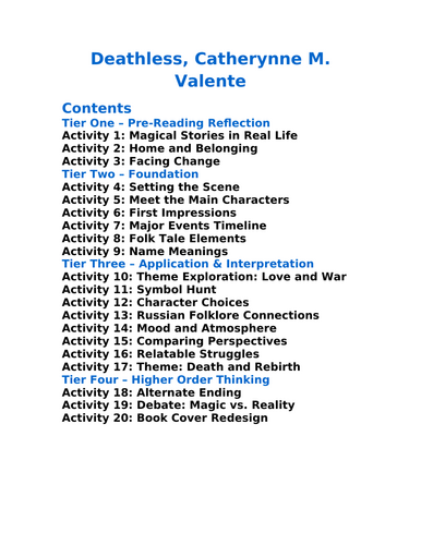 Deathless Catherynne M Valente - 20 Differentiated Activities ...