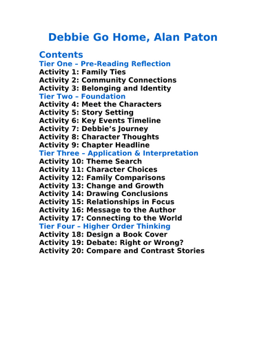 Debbie Go Home Alan Paton - 20 Differentiated Activities | Teaching ...