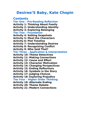 Desirees Baby Kate Chopin - 20 Differentiated Activities | Teaching ...
