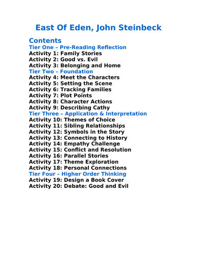 East Of Eden John Steinbeck - 20 Differentiated Activities | Teaching ...