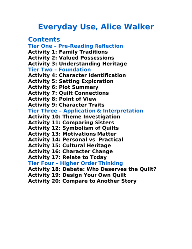 Everyday Use Alice Walker - 20 Differentiated Activities | Teaching ...