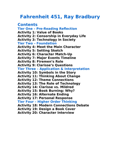Fahrenheit 451 Ray Bradbury - 20 Differentiated Activities | Teaching ...