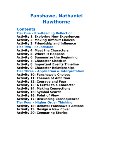 Fanshawe Nathaniel Hawthorne - 20 Differentiated Activities | Teaching ...