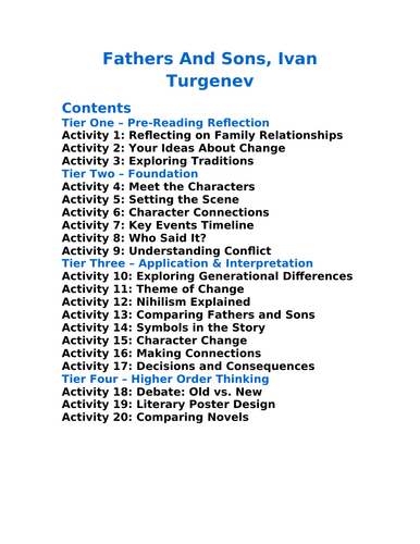 Fathers And Sons Ivan Turgenev - 20 Differentiated Activities ...