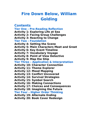 Fire Down Below William Golding - 20 Differentiated Activities ...