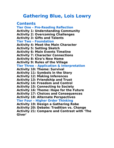 Gathering Blue Lois Lowry - 20 Differentiated Activities | Teaching ...