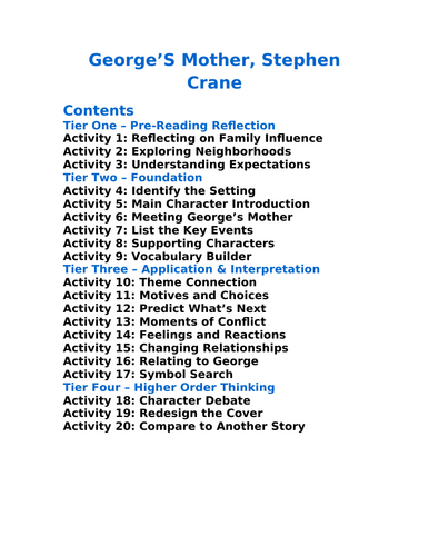 Georges Mother Stephen Crane - 20 Differentiated Activities | Teaching ...