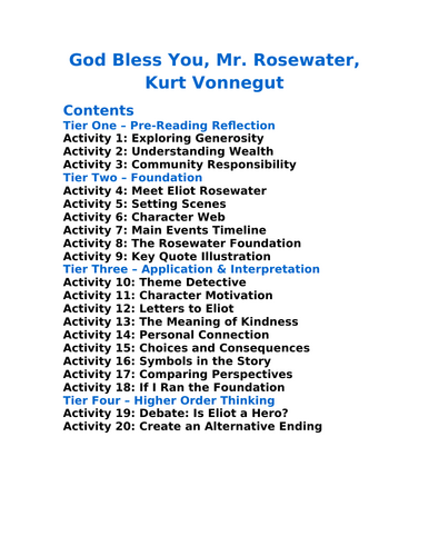 God Bless You Mr Rosewater Kurt Vonnegut - 20 Differentiated Activities ...
