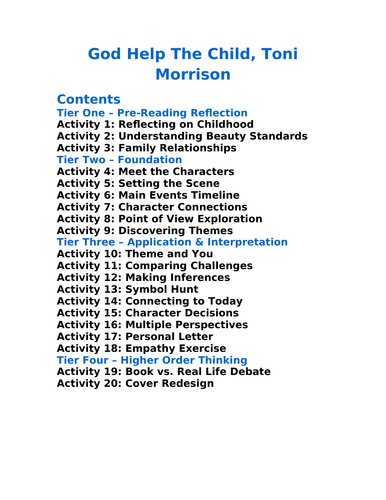 God Help The Child Toni Morrison - 20 Differentiated Activities ...