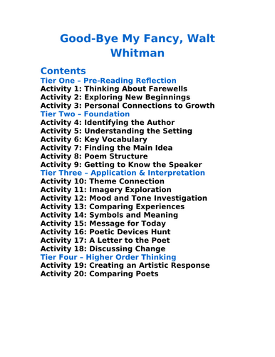 Good-Bye My Fancy Walt Whitman - 20 Differentiated Activities ...