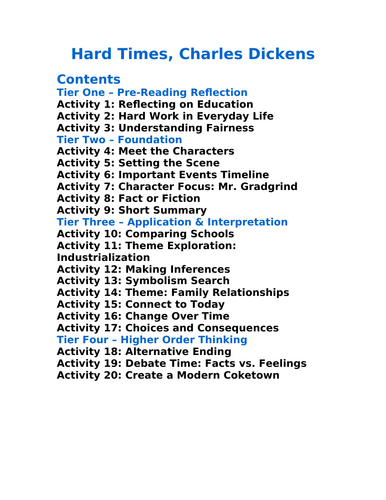 Hard Times Charles Dickens - 20 Differentiated Activities | Teaching ...
