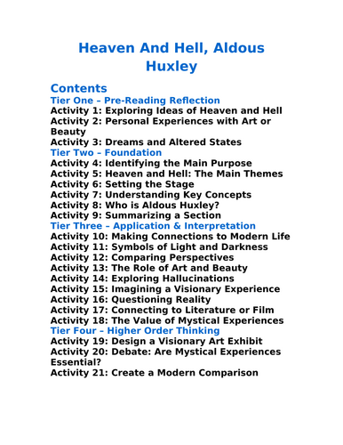 Heaven And Hell Aldous Huxley - 20 Differentiated Activities | Teaching ...