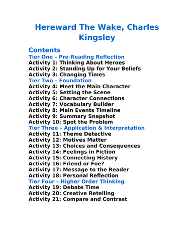 Hereward The Wake Charles Kingsley - 20 Differentiated Activities ...