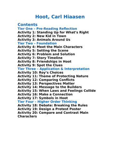 Hoot Carl Hiaasen - 20 Differentiated Activities | Teaching Resources