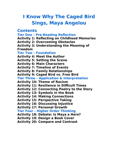I Know Why The Caged Bird Sings Maya Angelou - 20 Differentiated ...