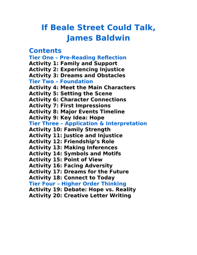 If Beale Street Could Talk James Baldwin - 20 Differentiated Activities ...