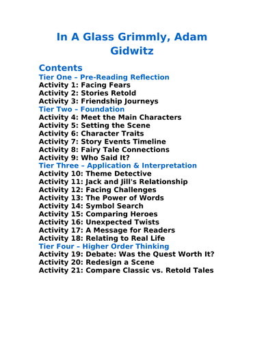 In A Glass Grimmly Adam Gidwitz - 20 Differentiated Activities ...