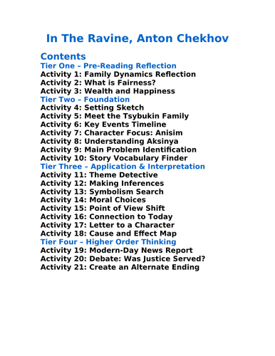 In The Ravine Anton Chekhov - 20 Differentiated Activities | Teaching ...