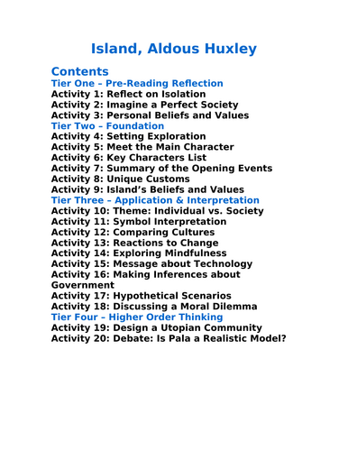Island Aldous Huxley - 20 Differentiated Activities | Teaching Resources