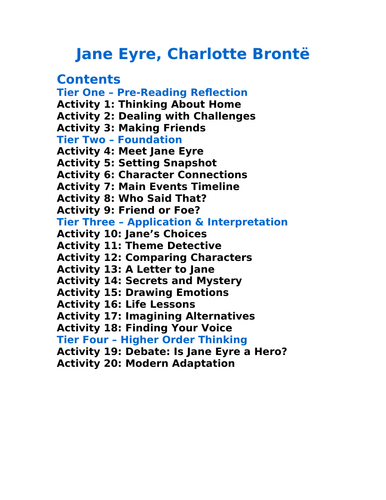 Jane Eyre Charlotte Brontë - 20 Differentiated Activities | Teaching ...