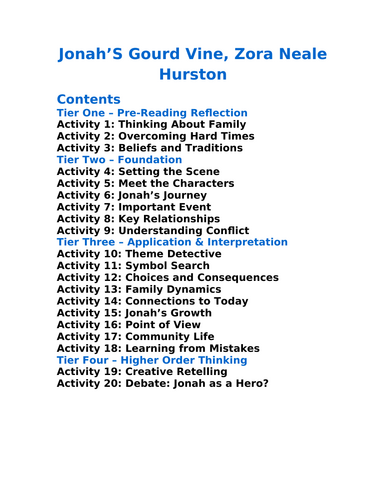 Jonahs Gourd Vine Zora Neale Hurston - 20 Differentiated Activities ...