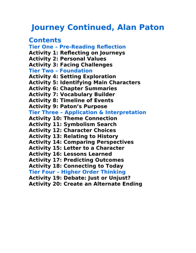Journey Continued Alan Paton - 20 Differentiated Activities | Teaching ...