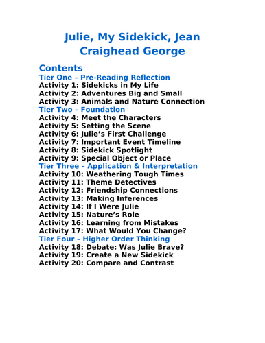 Julie My Sidekick Jean Craighead George - 20 Differentiated Activities ...