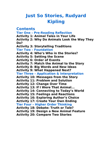 Just So Stories Rudyard Kipling - 20 Differentiated Activities ...