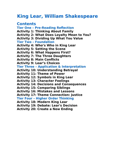 King Lear William Shakespeare - 20 Differentiated Activities | Teaching ...