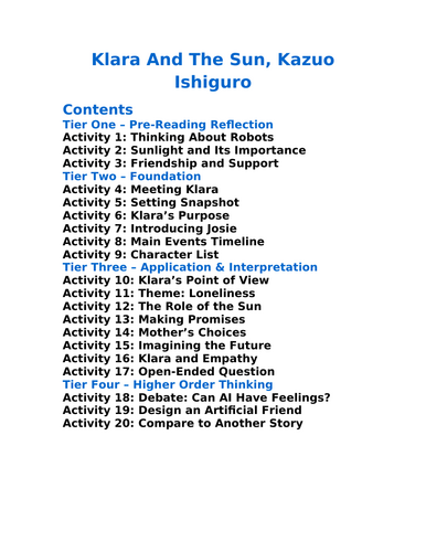 Klara And The Sun Kazuo Ishiguro - 20 Differentiated Activities ...