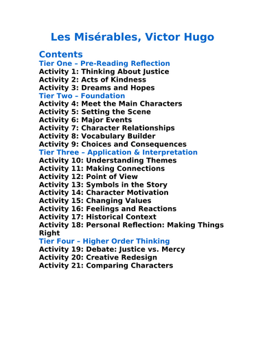 Les Misérables Victor Hugo - 20 Differentiated Activities | Teaching ...