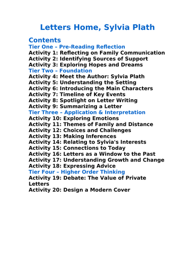 Letters Home Sylvia Plath - 20 Differentiated Activities | Teaching ...