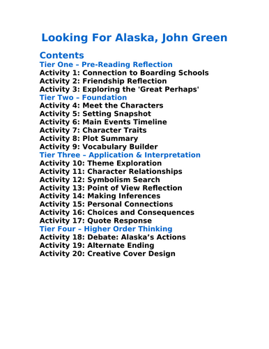 Looking For Alaska John Green - 20 Differentiated Activities | Teaching ...