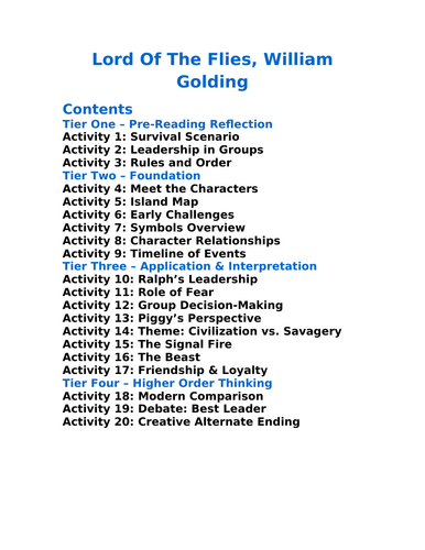 Lord Of The Flies William Golding - 20 Differentiated Activities ...