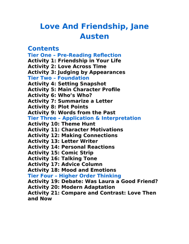 Love And Friendship Jane Austen - 20 Differentiated Activities ...